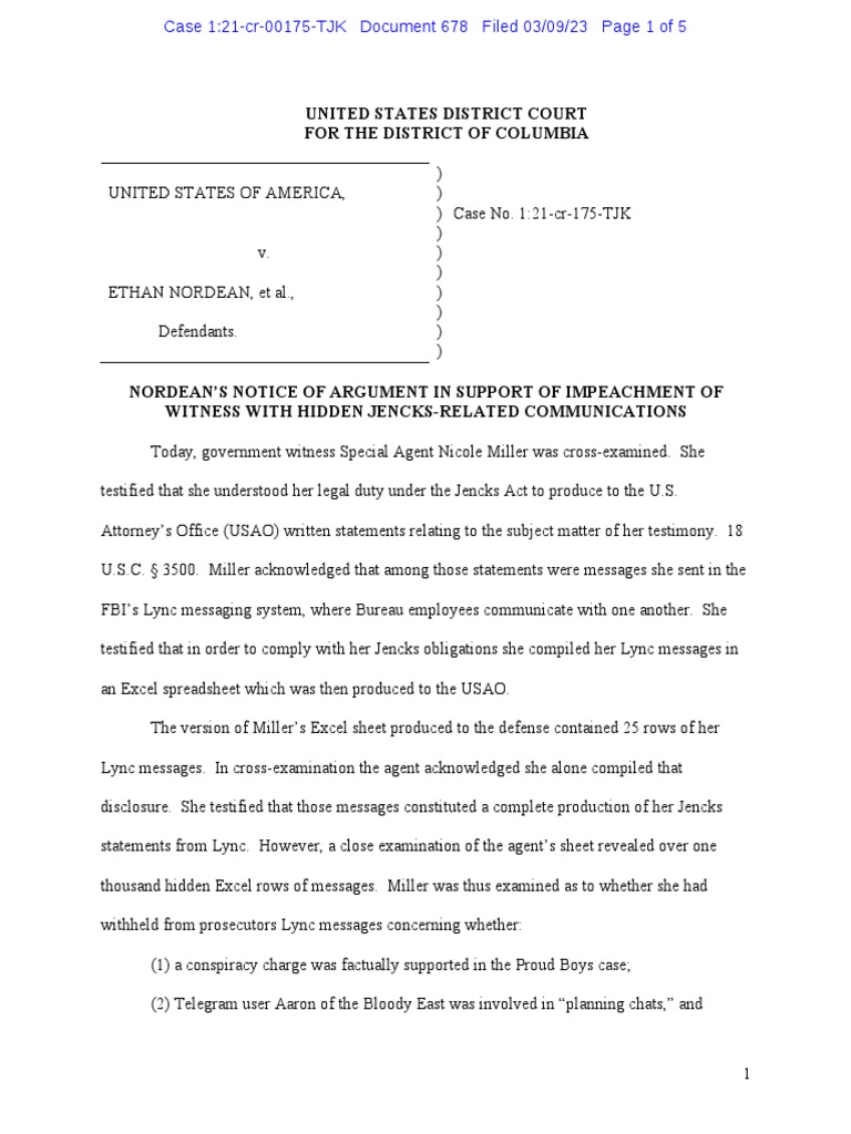 Nordean Filing On FBI Testimony of Special Agent Nicole Miller | PDF ...