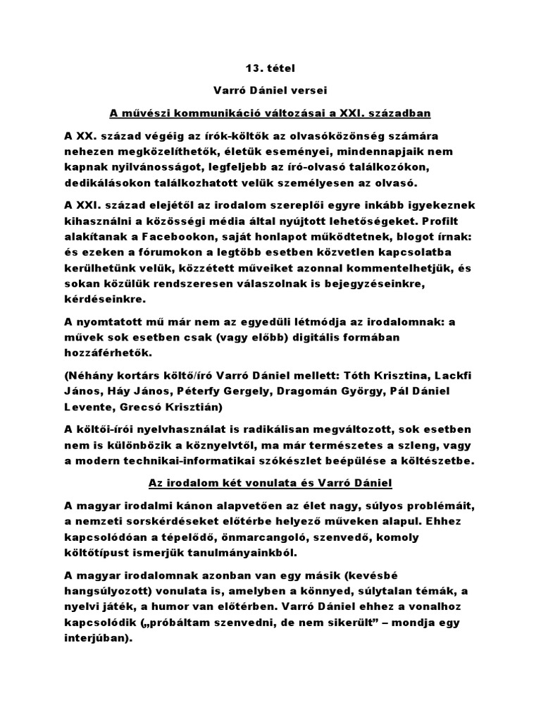 Tétel - Varró Dániel Versei | PDF