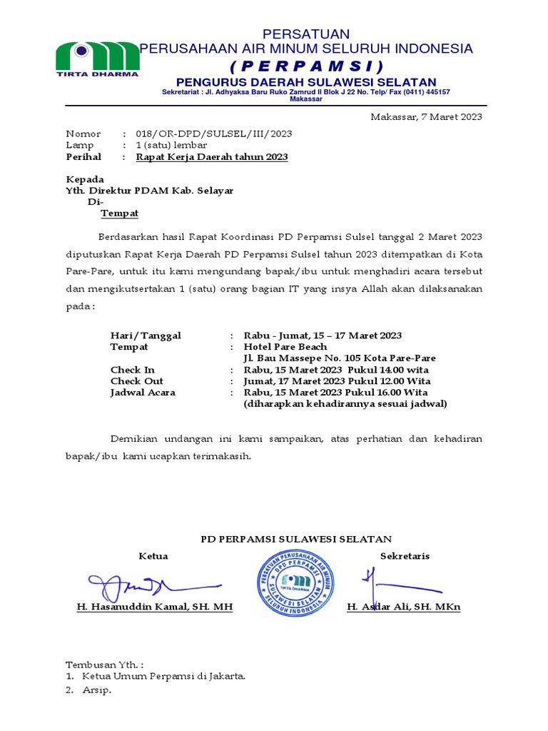 Surat Undangan Rakerda Tahun 2023 PDAM Selayar PDF | PDF