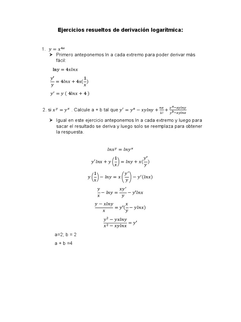 Ejercicios Resueltos de Derivación Logarítmica | PDF