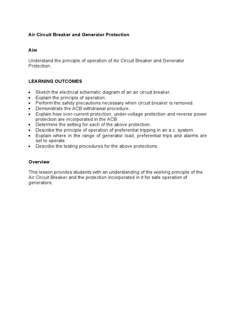 Air Circuit Breaker and Generator Protection Aim | PDF | Relay | Transformer