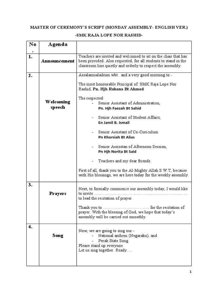 Script MC (Monday Assembly - English Ver.) | PDF