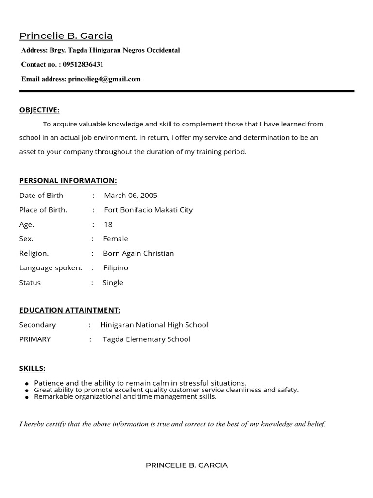 Work Immersion Resume Sample - Docx 6 PDF | PDF