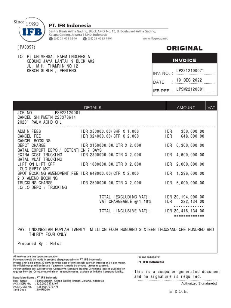 Invoice LP2212100071 - PT Universal Farm - Batal Muat Export PDF | PDF | Indonesian Rupiah | Invoice