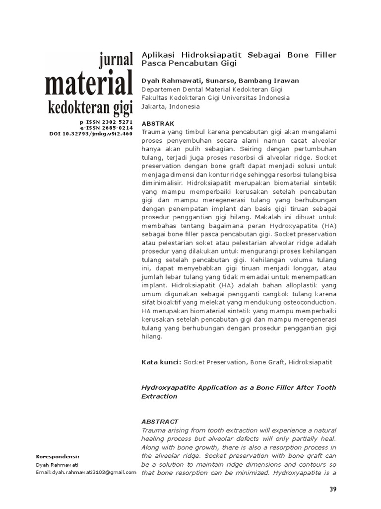 Aplikasi Hidroksiapatit Sebagai Bone Filler Pasca Pencabutan Gigi | PDF