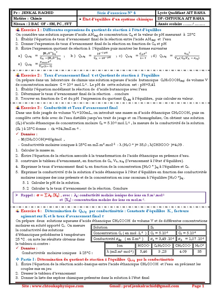 Série D'exercices 4, État D'équilibre D'un Système Chimique, 2BAC BIOF, SM, PC Et SVT, PR JENKAL ...