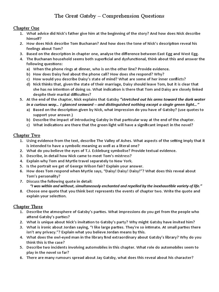 Great Gatsby Chapter 1-2 Questions | PDF | The Great Gatsby