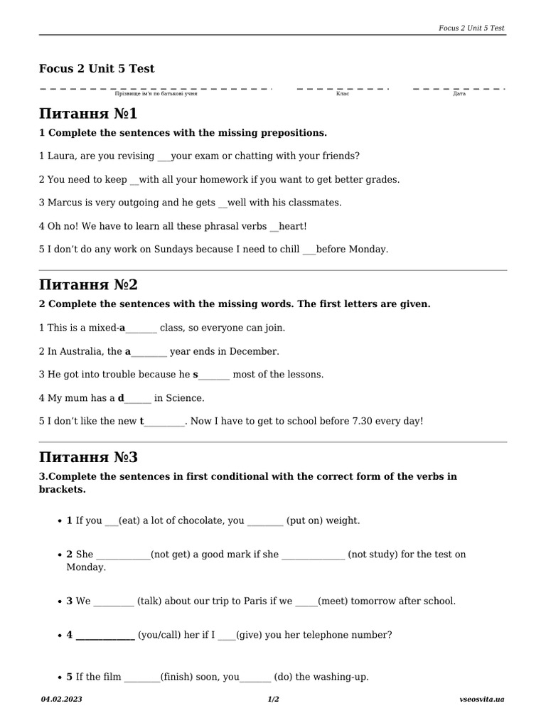 Focus 2 Unit 5 Test 20230204 133724 | PDF | Grammar | Syntax