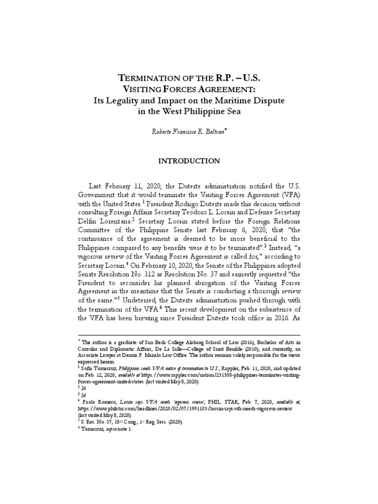 Termination of The RP US Visiting Forces Agreement by Roberto Beltran ...