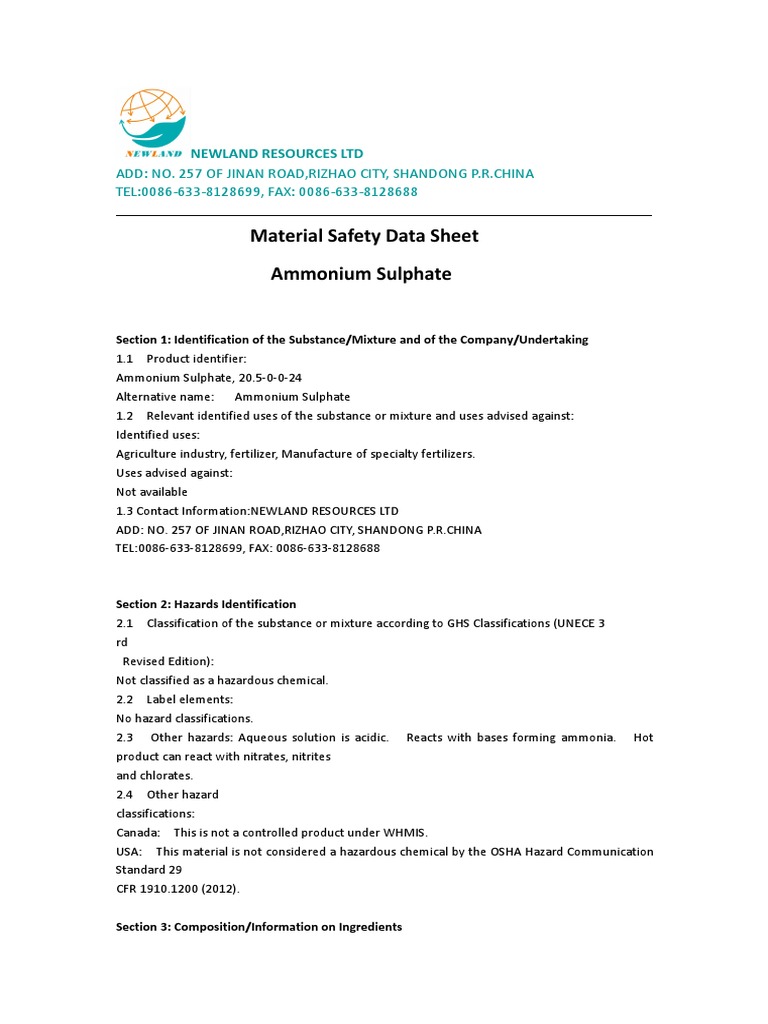 MSDS-Ammonium Sulphate | PDF | Toxicity | Dangerous Goods