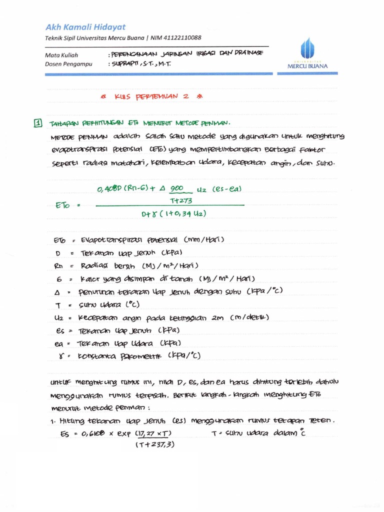 Quis 2 - Perencanaan Jaringan Irigasi Dan Drainase - Akh Kamali Hidayat ...