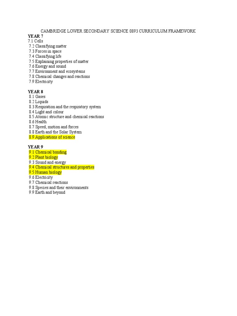 Cambridge Lower Secondary Science 0893 Curriculum Framework | PDF