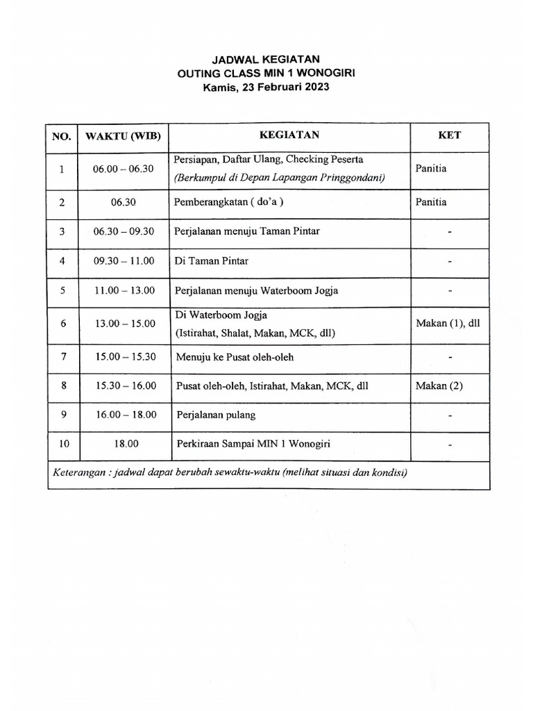 Jadwal Kegiatan Outing Class | PDF
