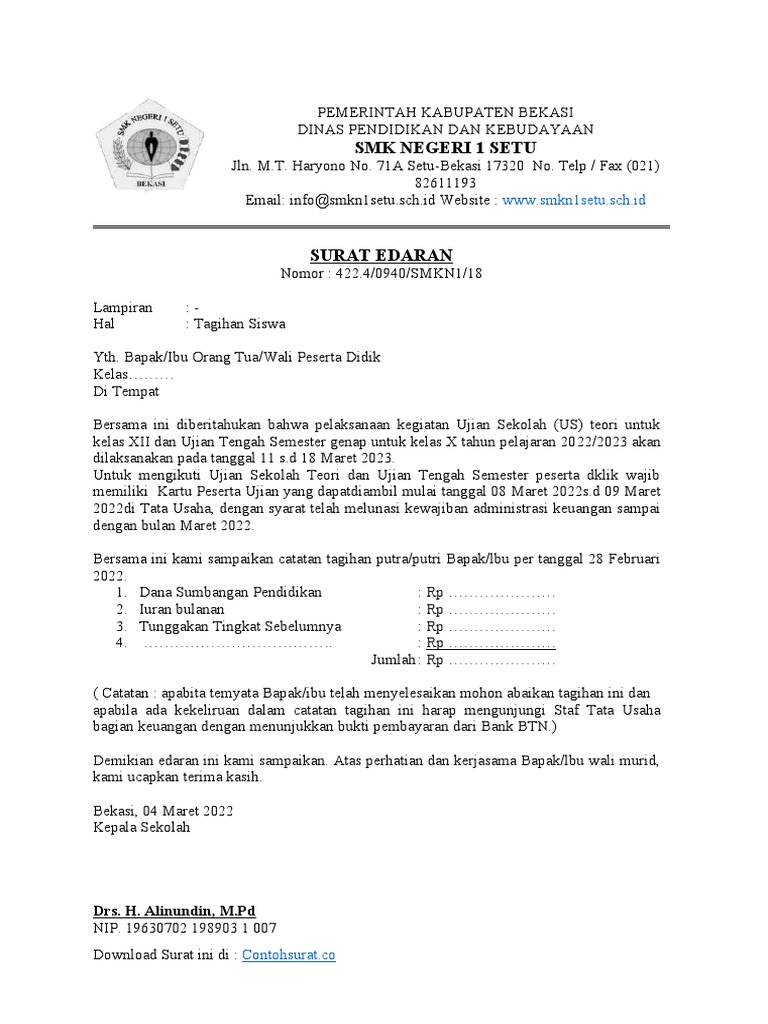 Surat Tagihan Pembayaran Sekolah | PDF