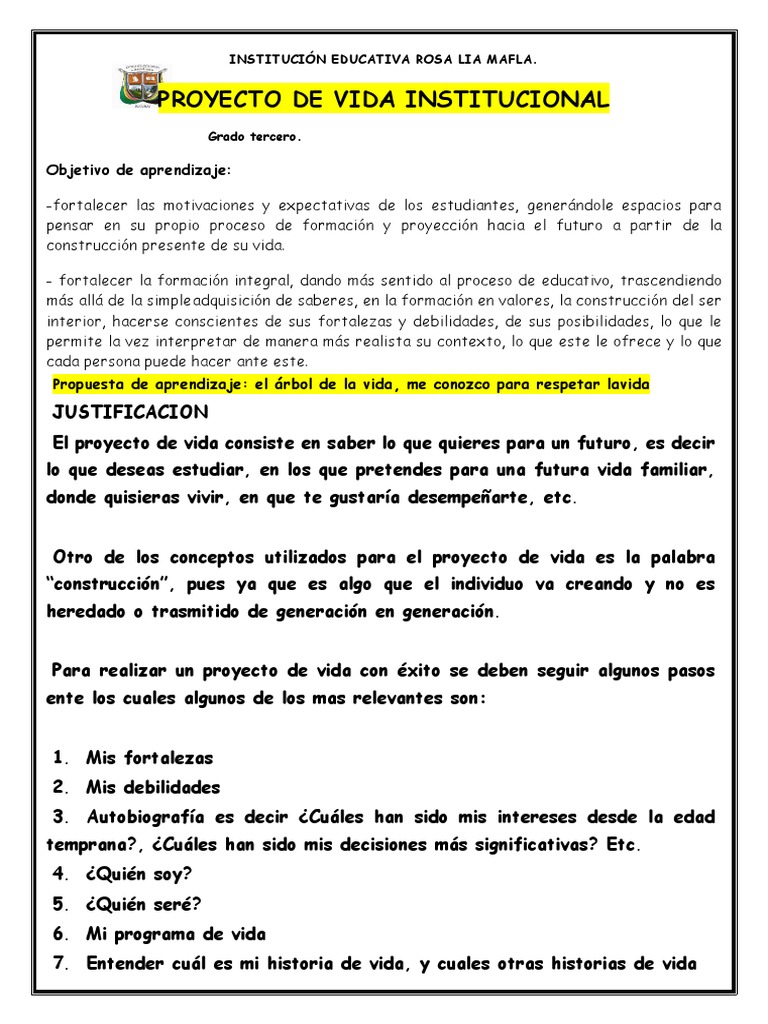 Proyecto de Vida Grado Tercero Propuesta de Aprendizaje El Árbol de La ...