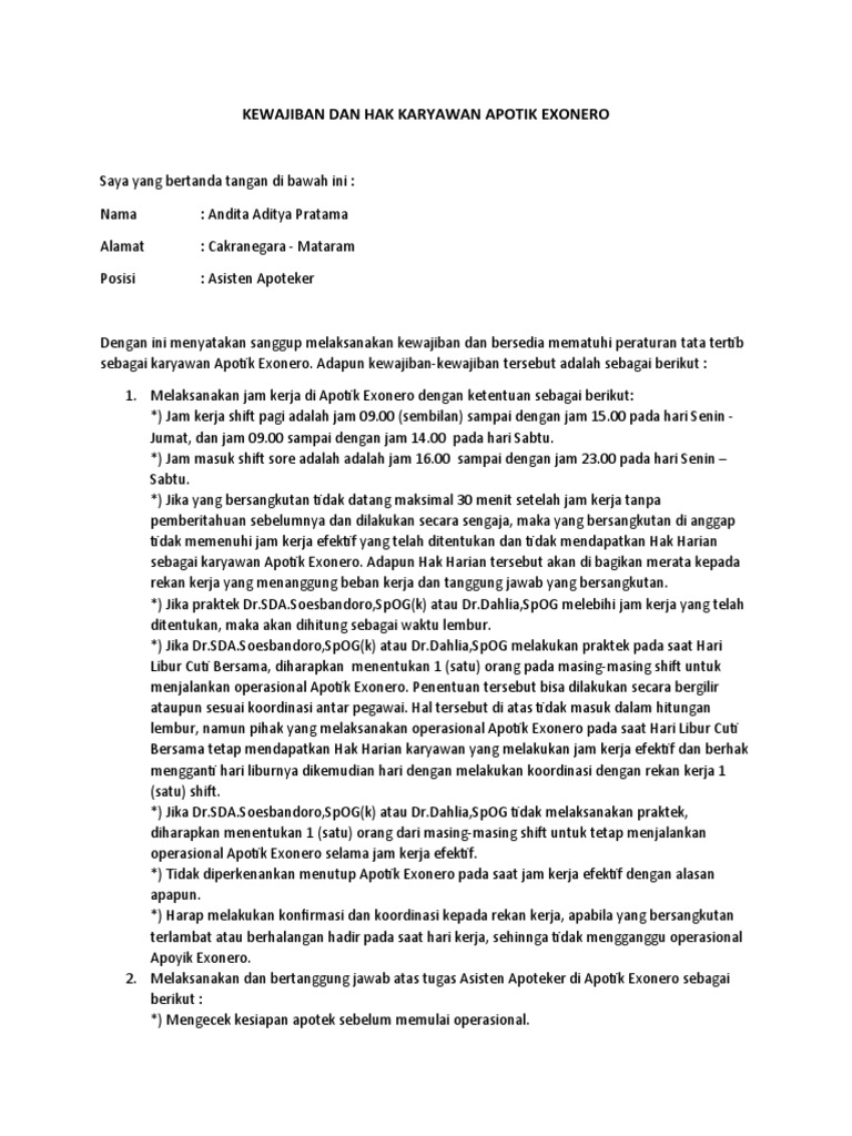 Kewajiban Dan Hak Karyawan Apotik Exonero-Adit 2022 | PDF