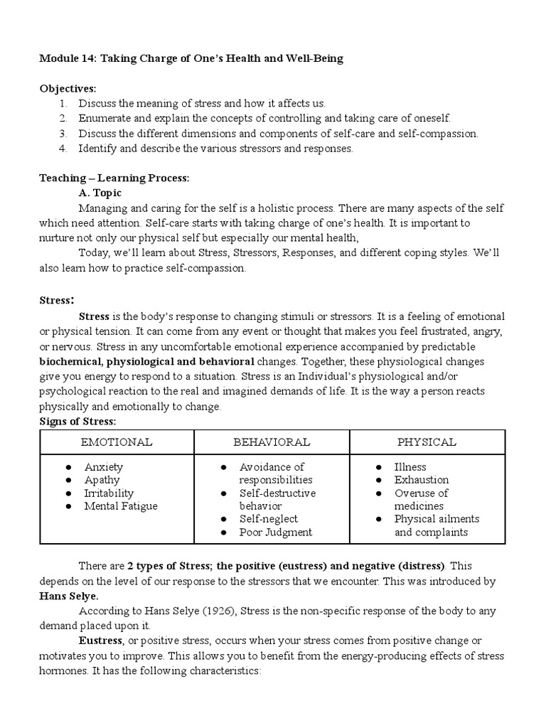 Module 14 - Taking Charge of One's Health and Well-Being | PDF | Stress ... Module 14 - Taking Charge of One's Health and Well-Being | PDF | Stress ...