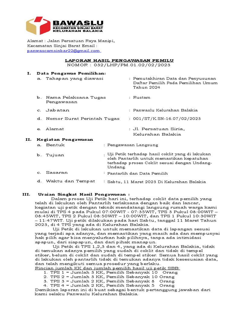 Form A Laporan Pengawas Pemilu | PDF