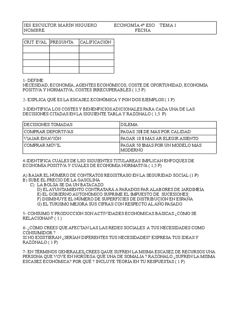 Examen Economía Tema 1 4º Eso | PDF