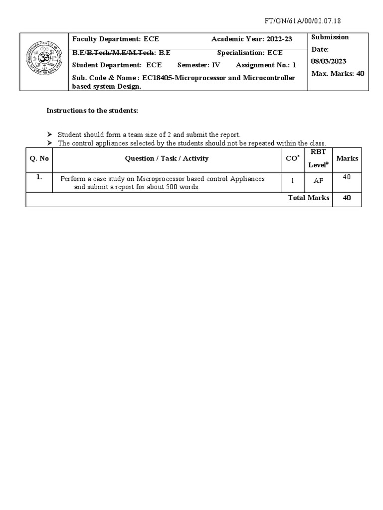 2023 EC18405 Assignment - 1 2022-23 | PDF