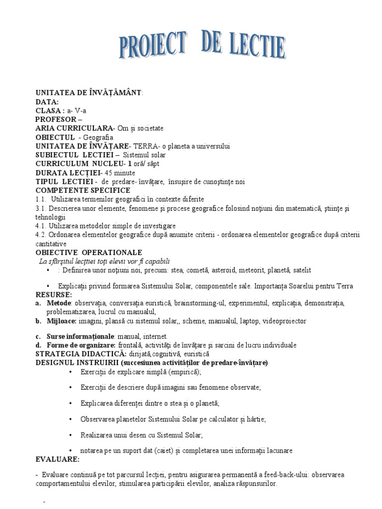 Proiect de Lectie Cls V Sistemul Solar | PDF