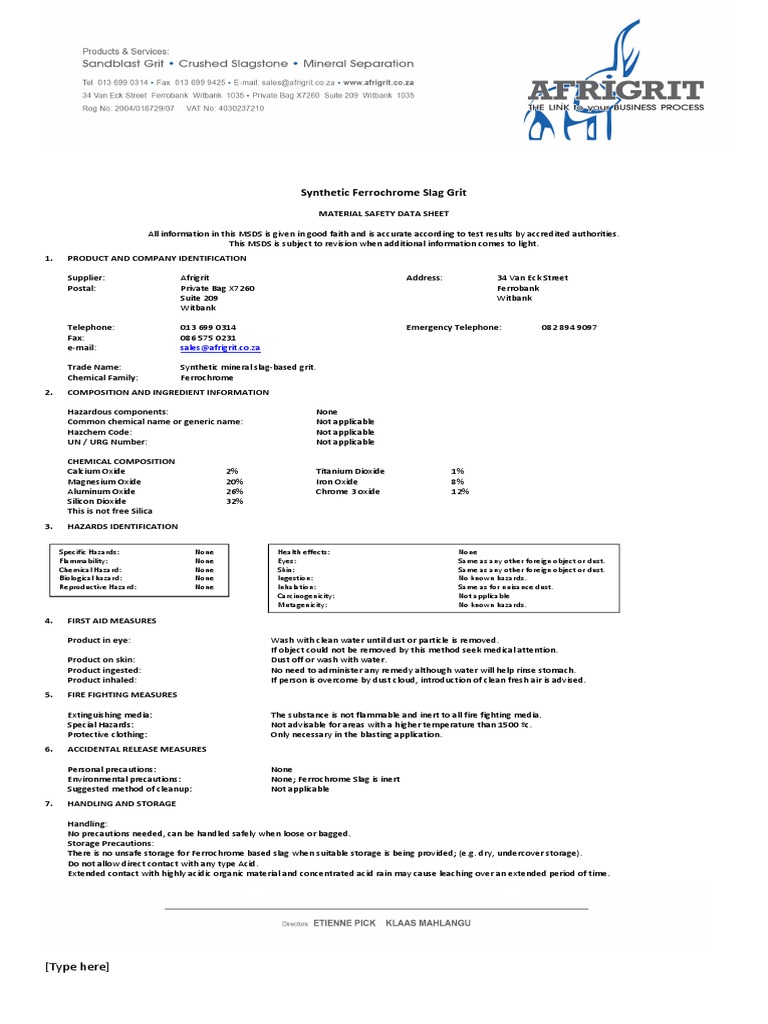 Afrigrit Synthetic Ferrochrome Grit MSDS | PDF | Waste Management ...