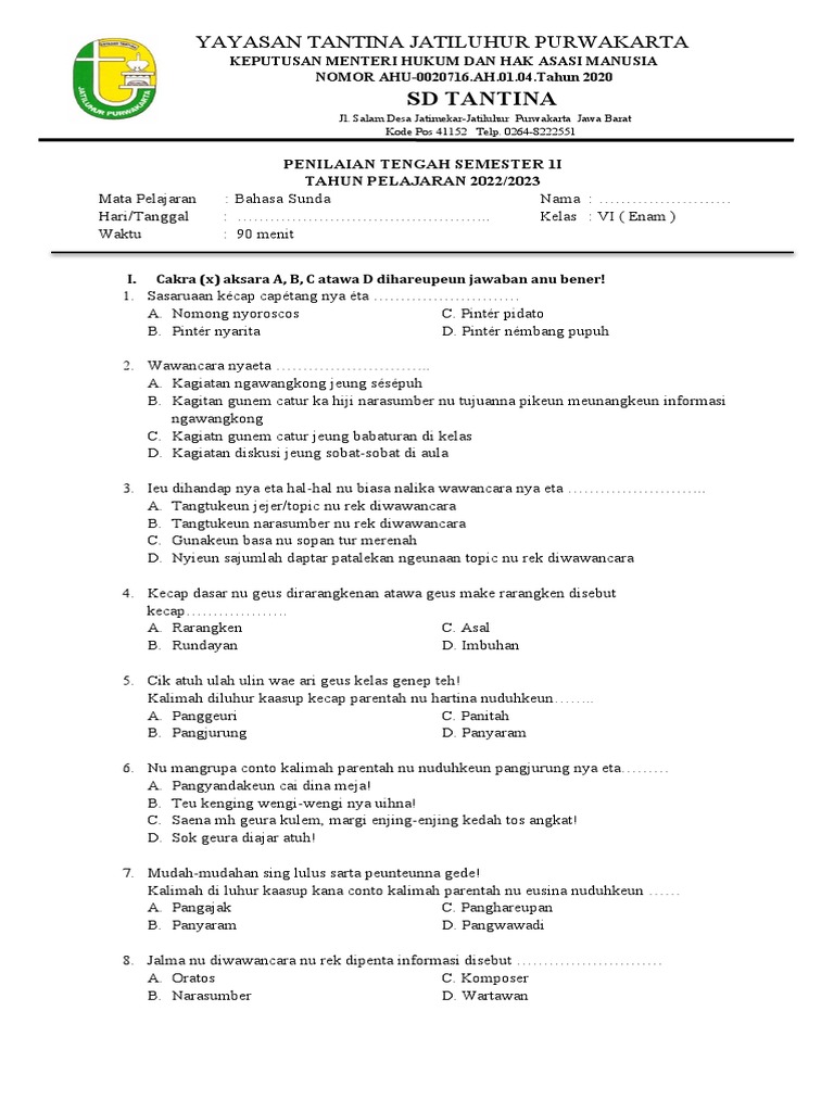PTS 2 Basa Sunda Kls 6 2023 | PDF | Karier & Perkembangan | Seni & Disiplin Bahasa