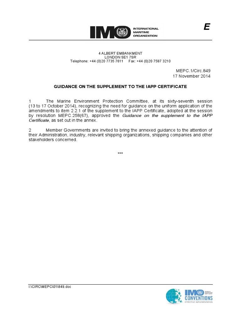 MEPC.1/Circ.849 GUIDANCE ON THE SUPPLEMENT TO THE IAPP CERTIFICATE | PDF