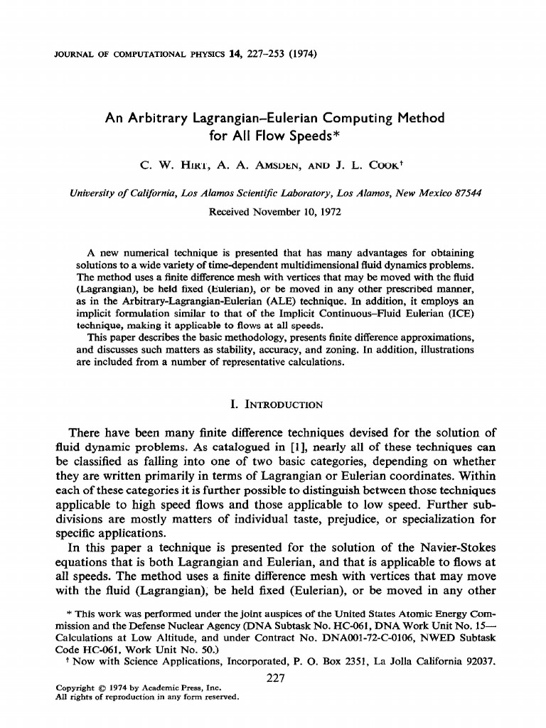 An Arbitrary Lagrangian Eulerian Computing Method For All Flow Speeds Download Free Pdf