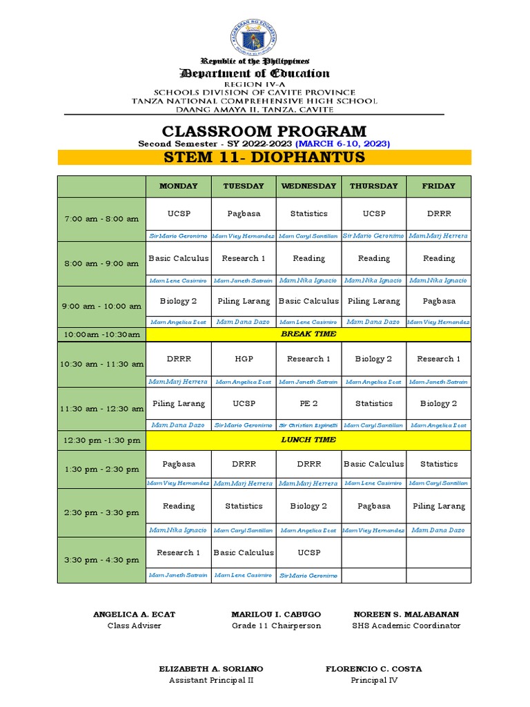 CLASS PROGRAM TEACHERS SCHEDULE Diophantus | PDF