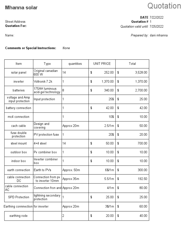 14 Panel 8k Sys - XLSX - Quotation | PDF | Photovoltaics | Power Inverter