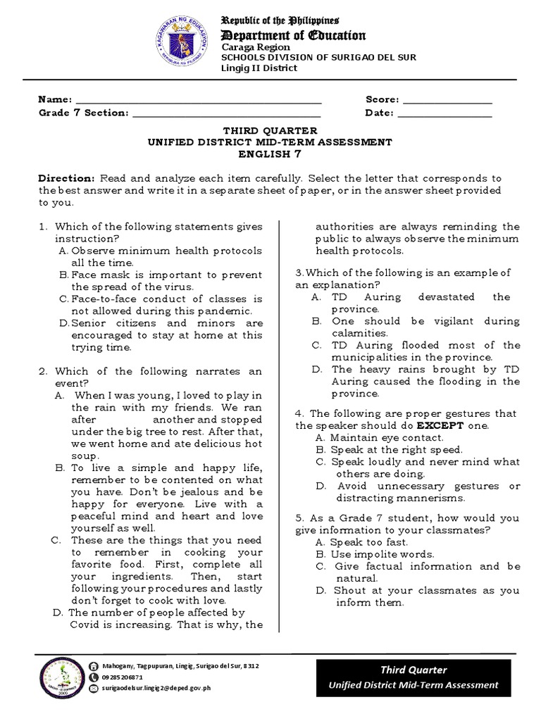 Grade 7 English Mid-Term Assessment | PDF | Multimedia | Communication