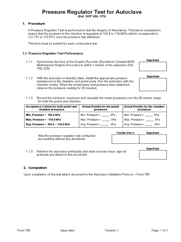 Form 795 Pressure Regulator Test For Autoclaves | PDF