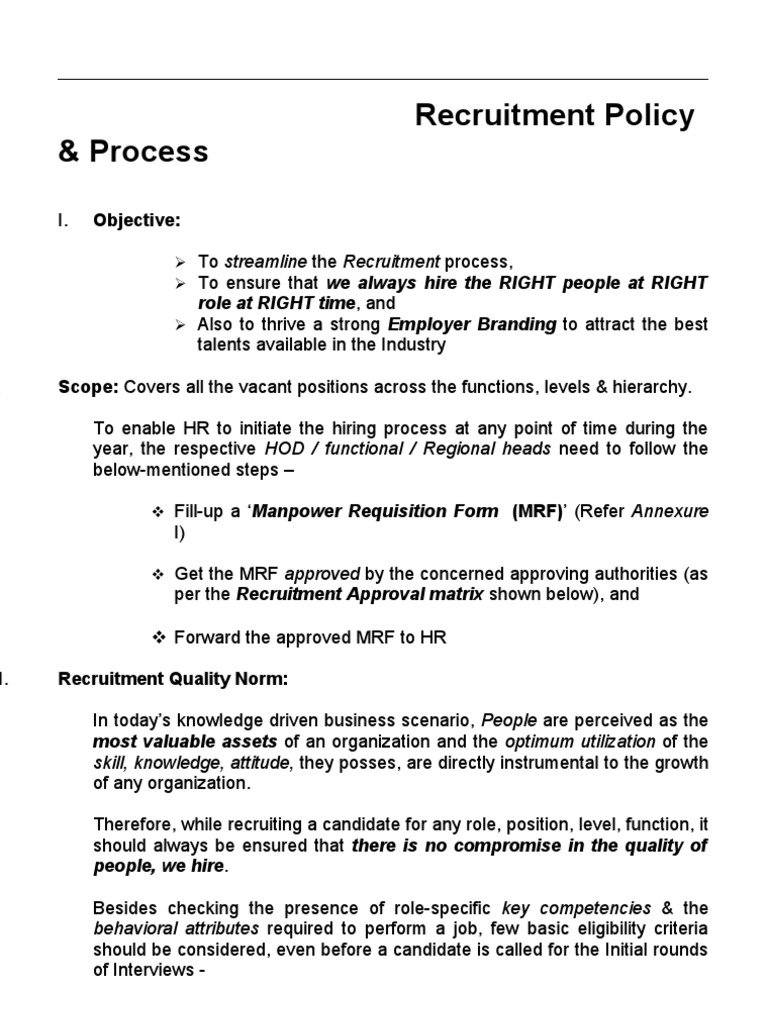 MRF Recruitment Policy | PDF | Recruitment | Employment