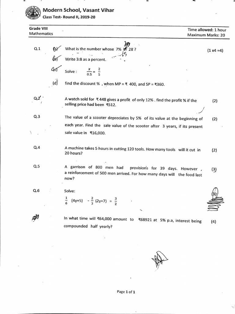 Class 8 Mathematics Unit Test | PDF