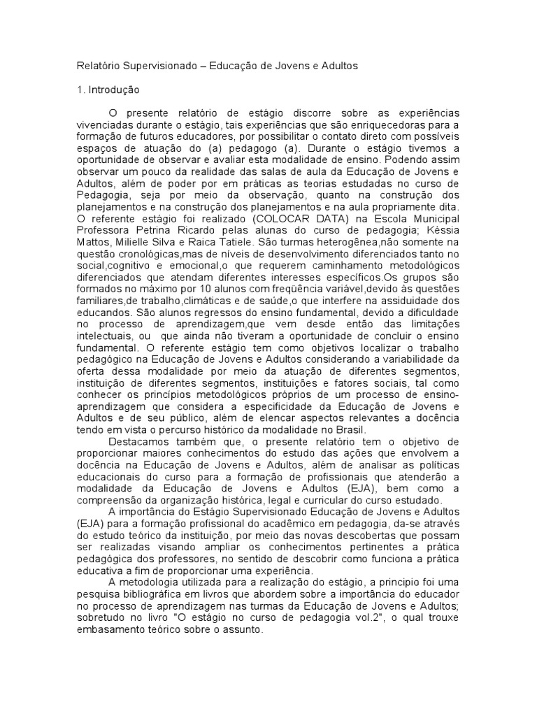 Relatório de Estágio na EJA | PDF | Pedagogia | Aprendizado