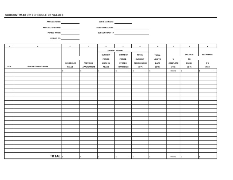 Subcontractor Schedule of Values Template | PDF
