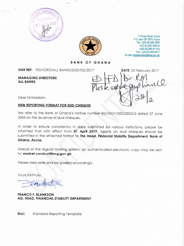 BoG - NEW REPORTING FORMAT FOR DUD CHEQUES PDF | PDF