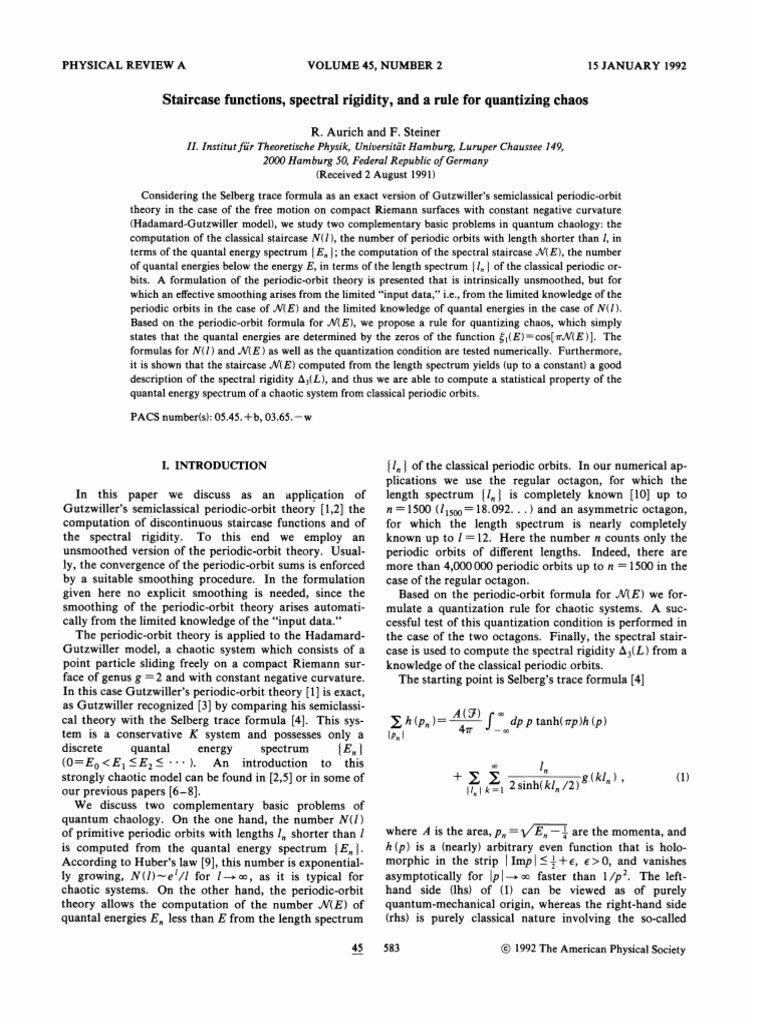 Staircase Functions, Spectral Rigidity, and A Rule For Quantizing Chaos | PDF | Prime Number ...
