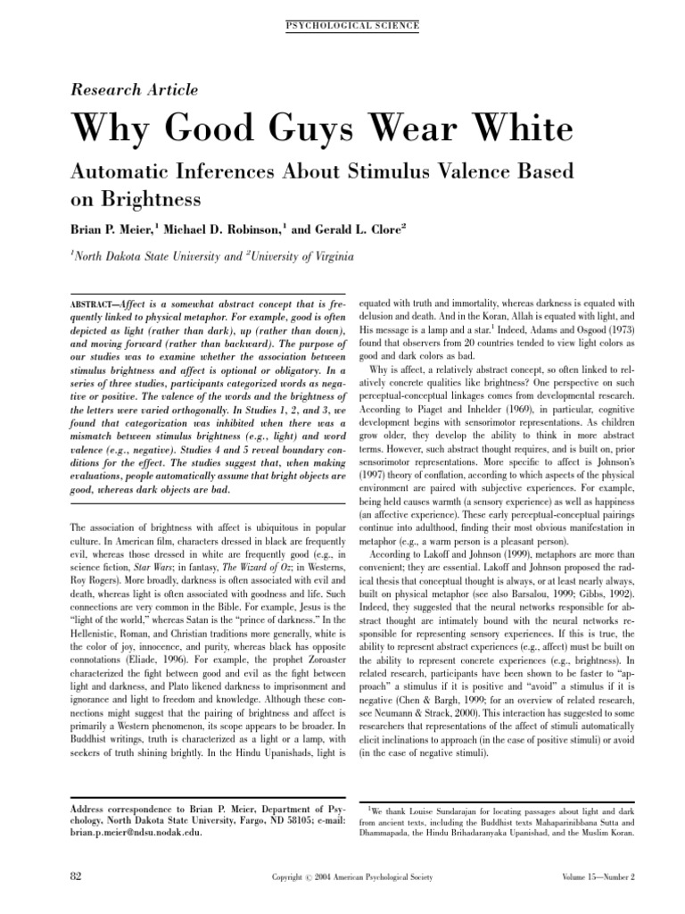 Why Good Guys Wear White - Meier, Robinson & Clore, 2004 | PDF | Affect ...
