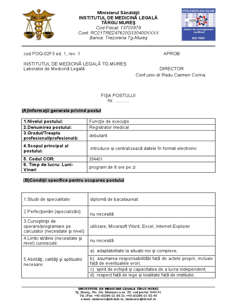 Fisa de Post Model Registrator Medical Debutant | PDF
