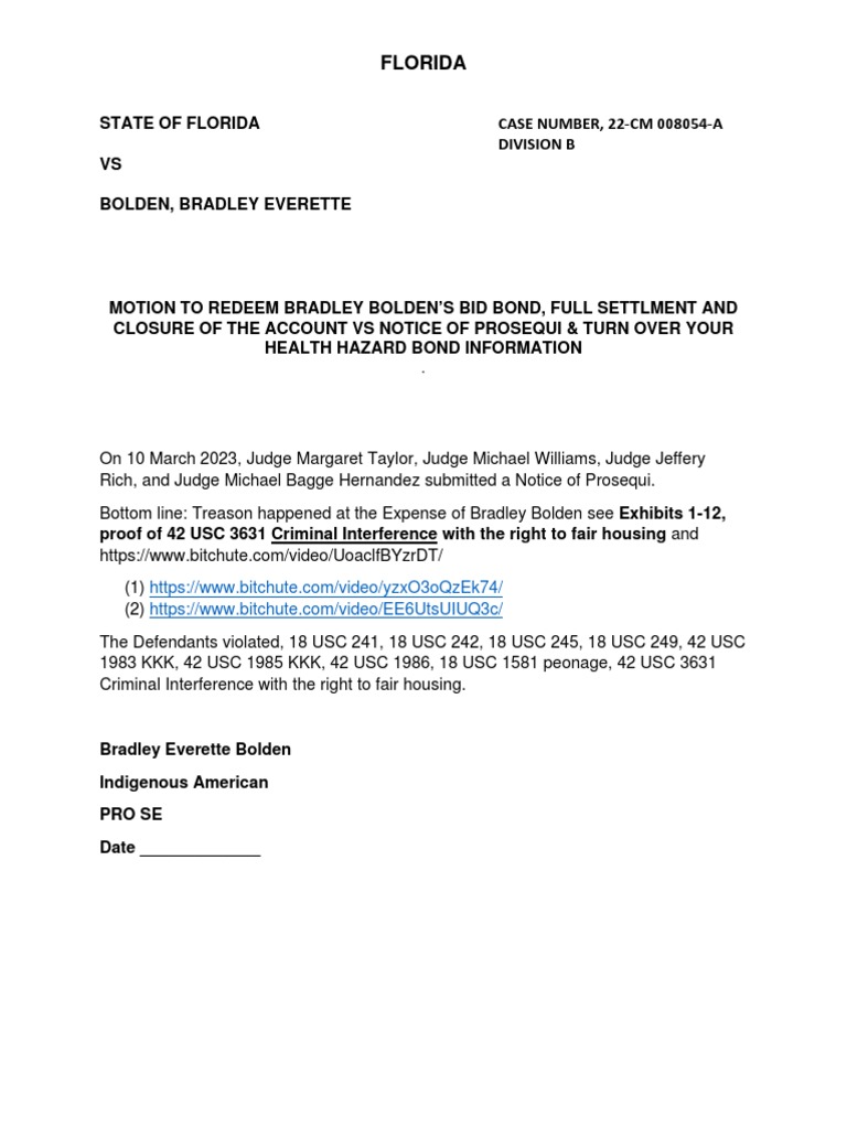 Motion To Redeem Bid Bonds Closure of Account Full Settlemnt of Case ...