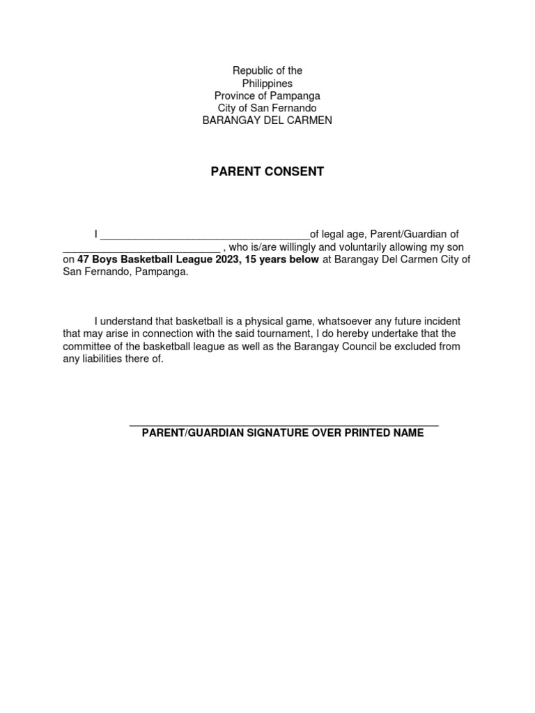 Parental Consent Form for Minor to Participate in Local Barangay ...