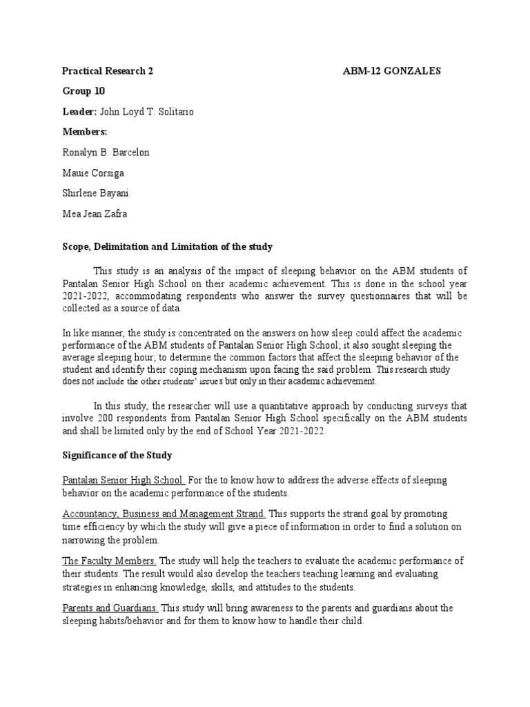 PR2 Group 10 Scope Delimitation and Limitation | PDF | Teachers | Behavior