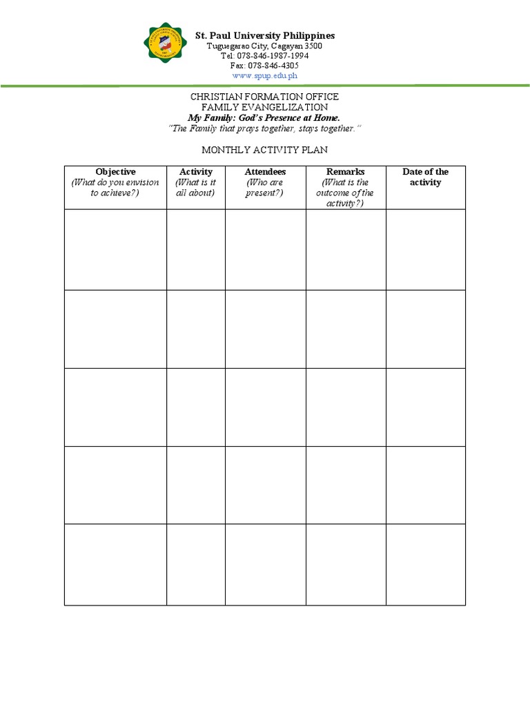 Monthly Activity Plan Template | PDF