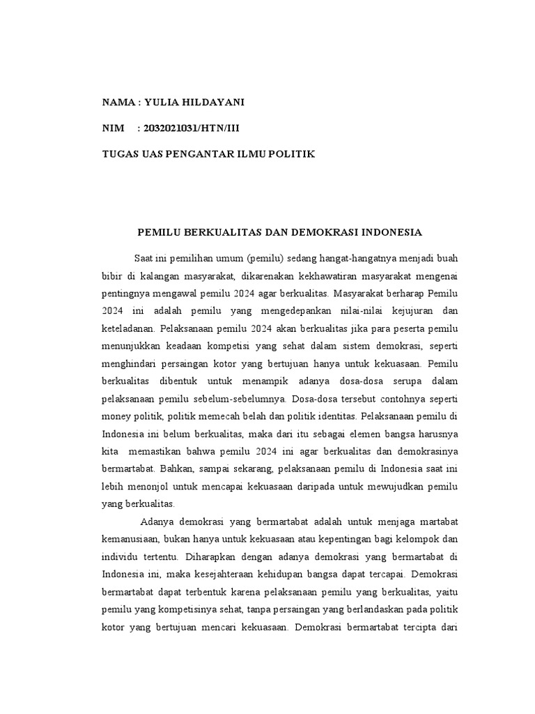 Essay Yulia Hildayanii | PDF | Politik | Hukum