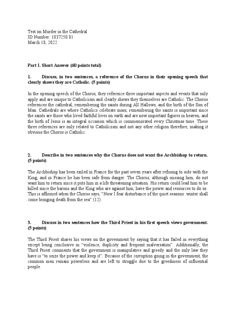 Rev - Test On Murder in The Cathedra1 | PDF | Temptation | Catholic Church