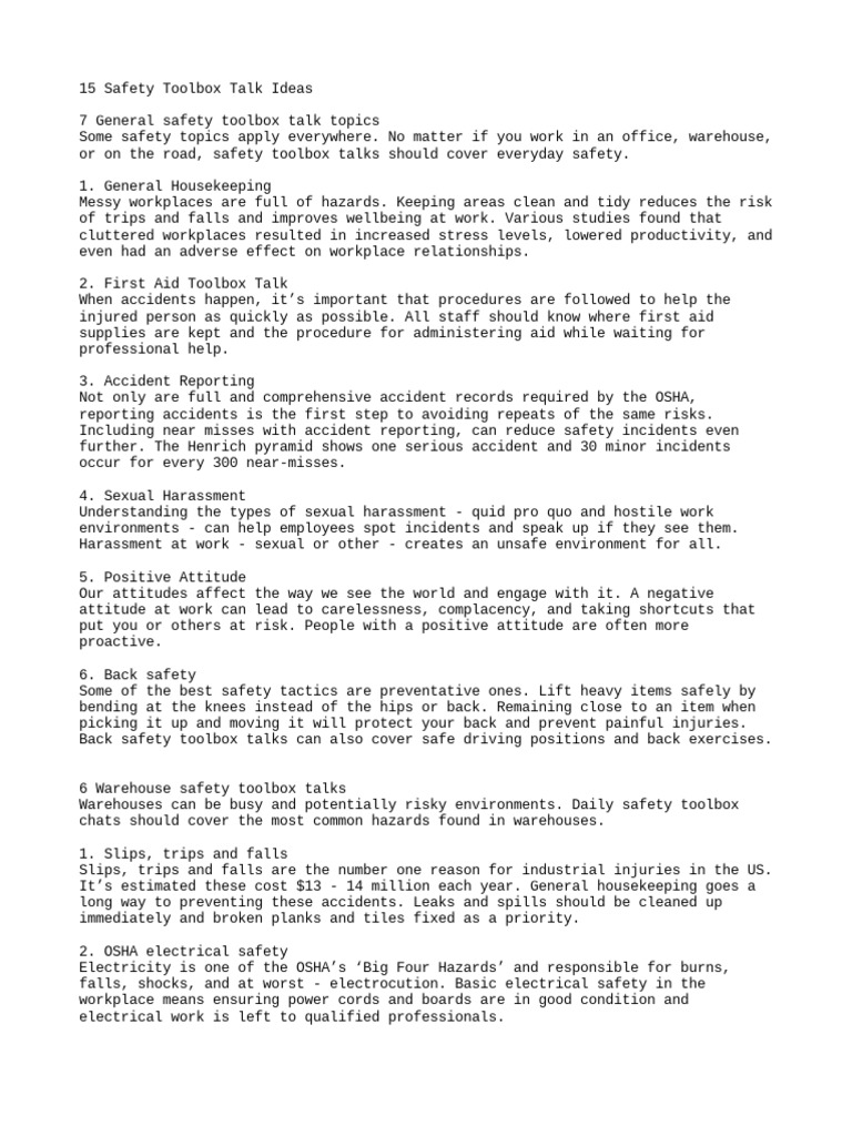 Safety Toolbox Talk Ideas | PDF | Occupational Safety And Health | Safety