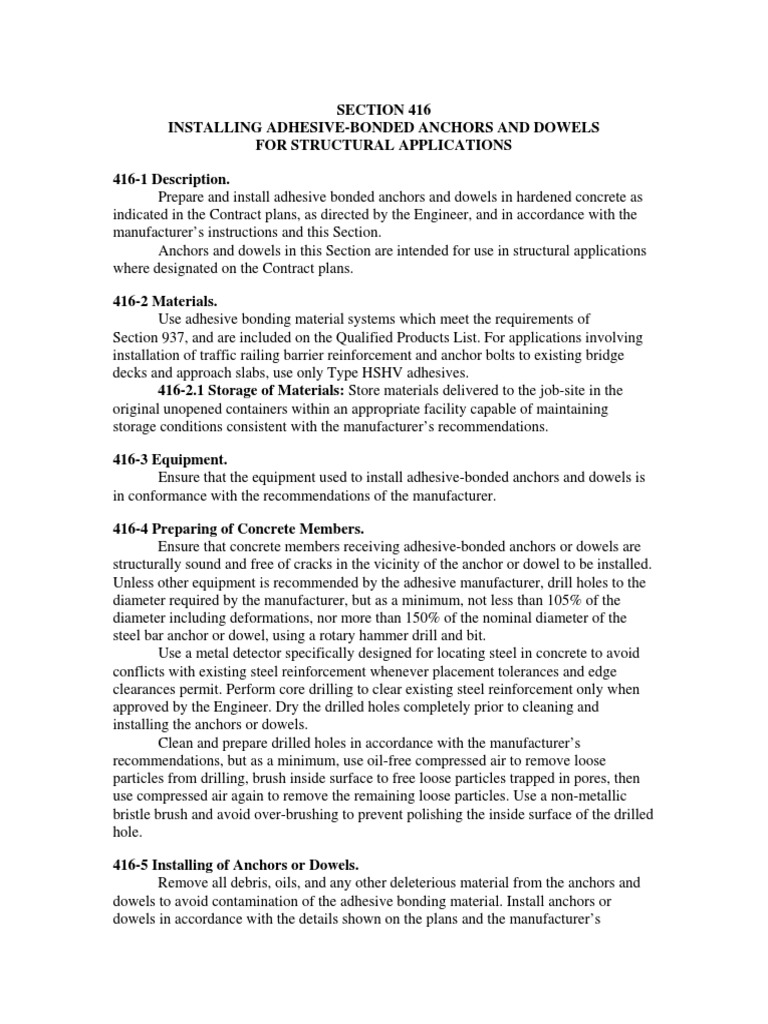 Adhesive-Bonded Anchors and Dowels | PDF | Concrete | Drill