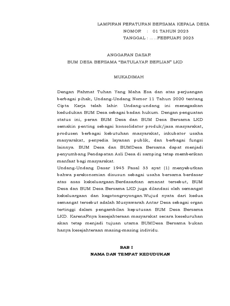 Anggaran Dasar Bumdesma Batulayar Berlian LKD Fix | PDF